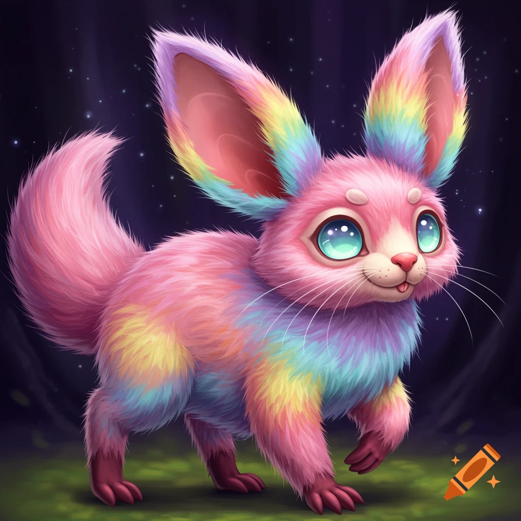 A fluffy, rainbow-colored fantasy creature with large ears and eyes ...