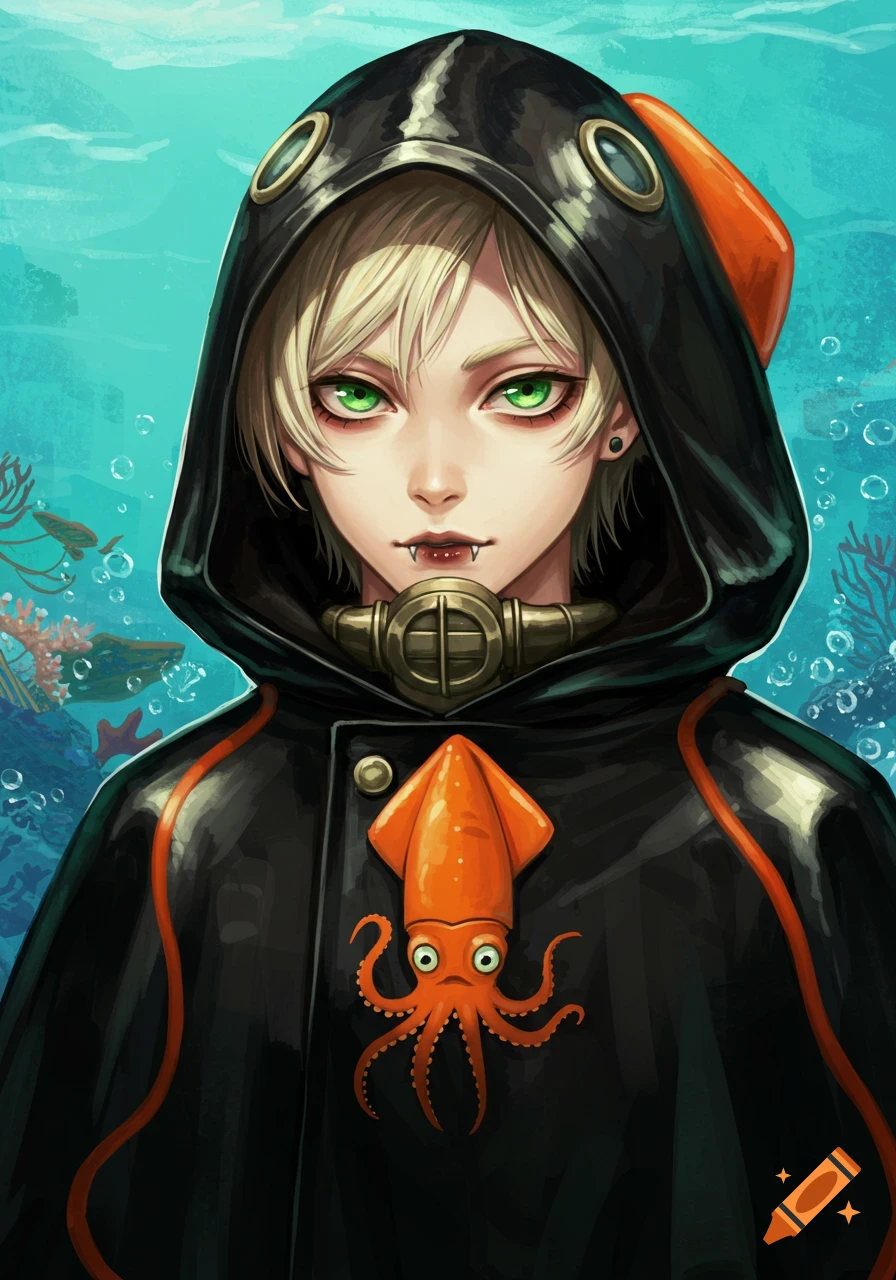 Anime boy in a black hooded cloak with a squid emblem, underwater on ...