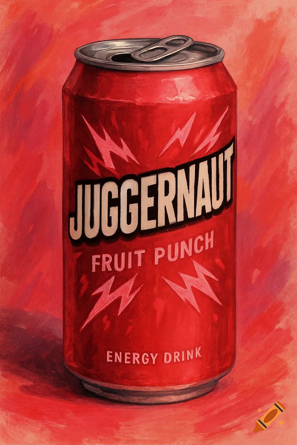 Illustration of a red Juggernaut Fruit Punch energy drink can on a red ...
