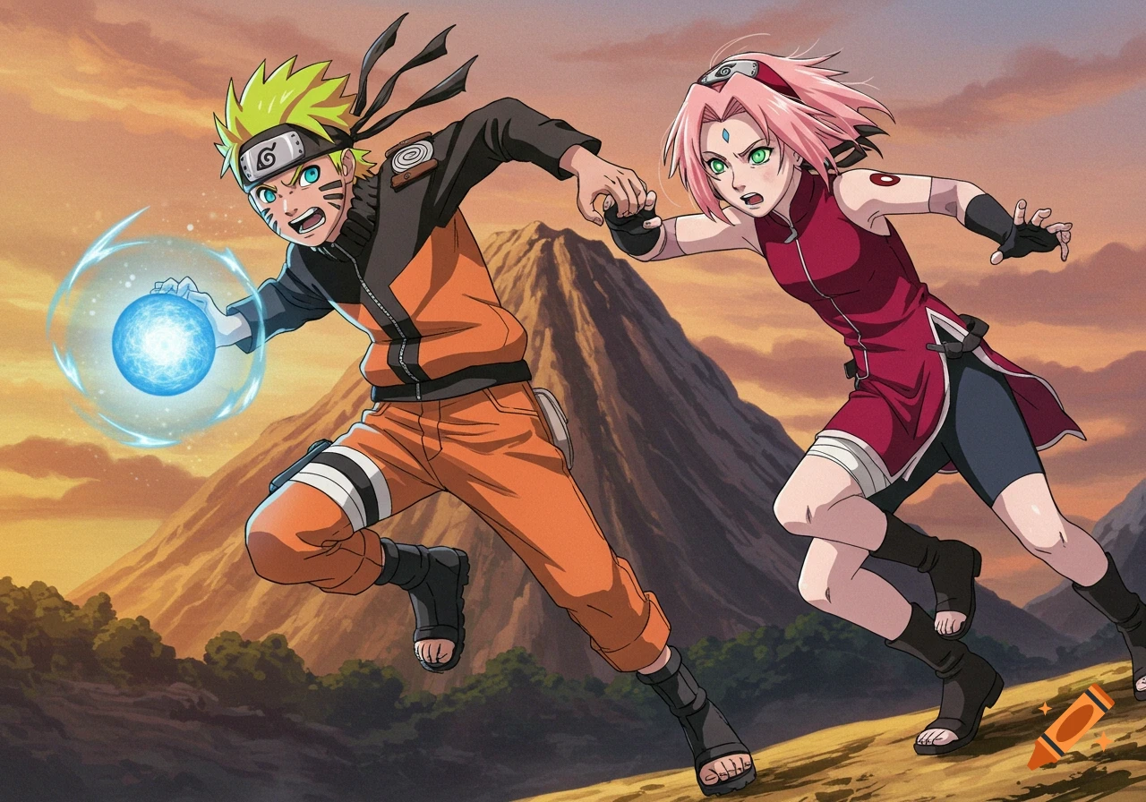 Naruto holding a Rasengan and Sakura running through a mountainous ...