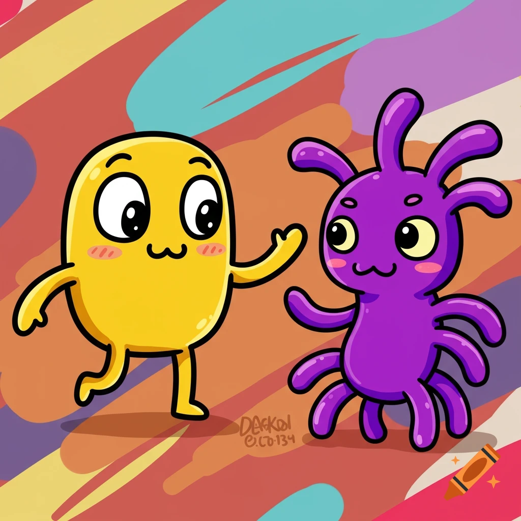 A yellow cartoon blob creature waving at a purple cartoon octopus-like ...