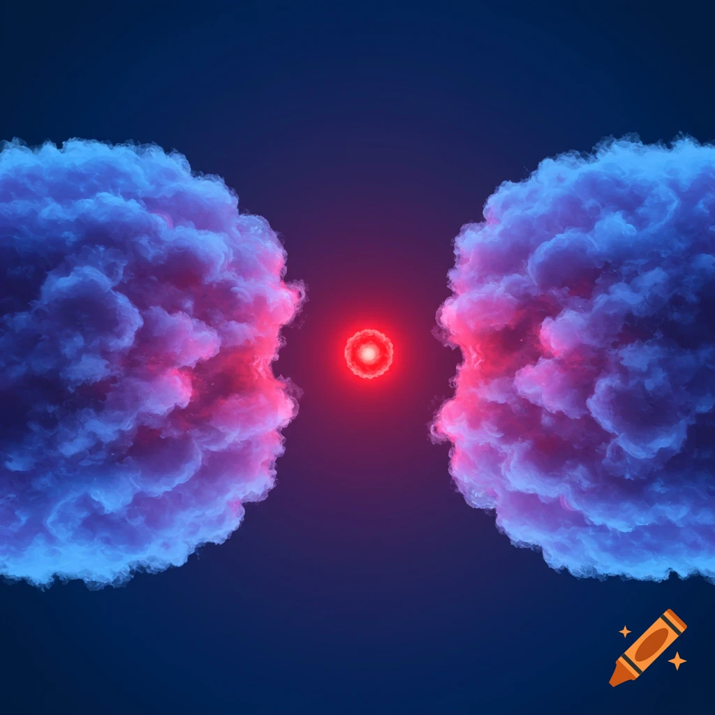 Two large, stylized clouds or gas masses facing each other with a ...