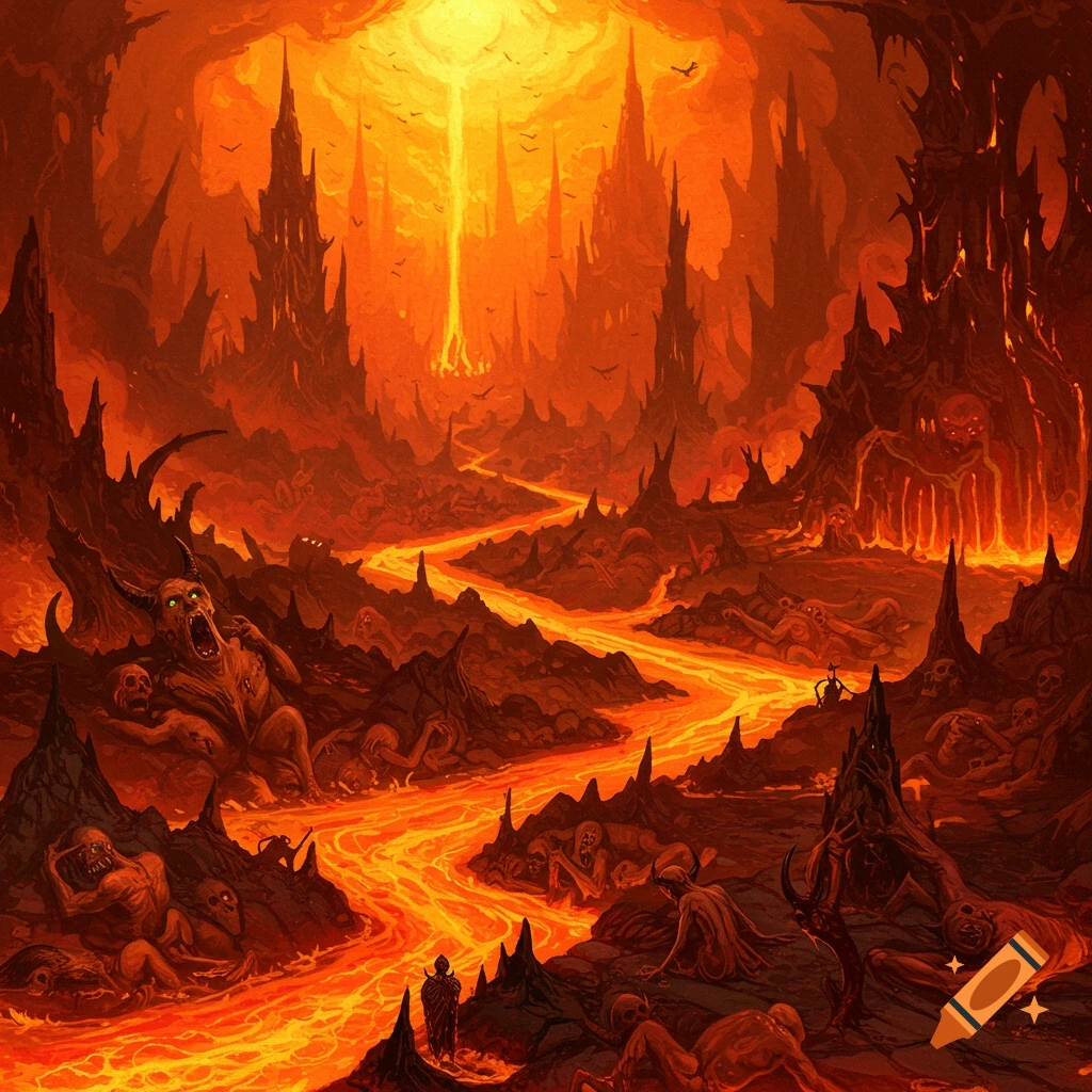 A hellish landscape with a river of lava, jagged spires, and tormented figures under an orange ...