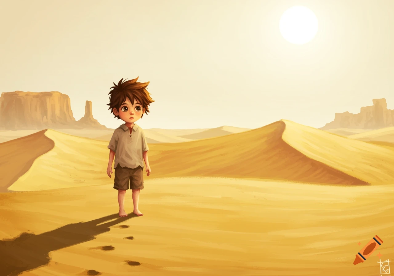 An illustration of a young boy standing alone in a desert landscape ...