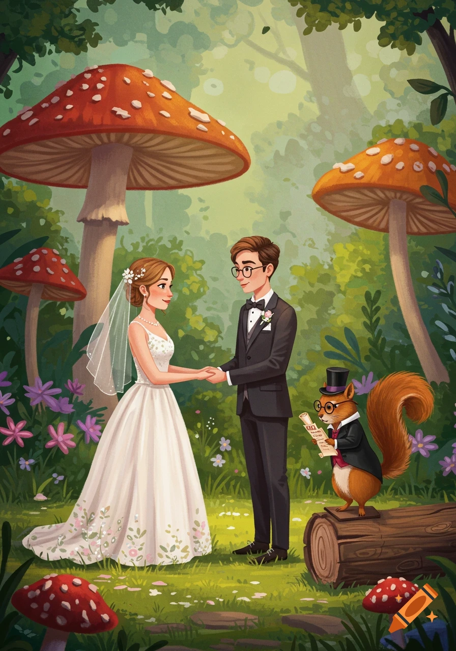 Cartoon wedding in a fantasy forest officiated by a squirrel in a top ...