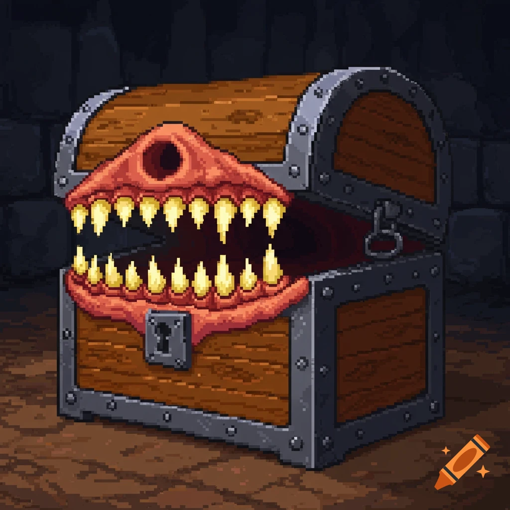 Pixel art of a fantasy mimic monster chest with a mouth full of sharp ...