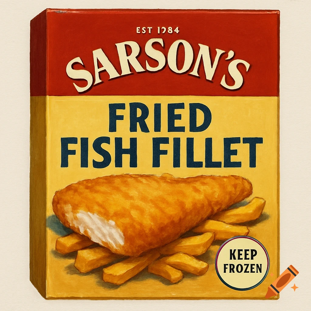 Illustration of a Sarson's Fried Fish Fillet product box showing a ...