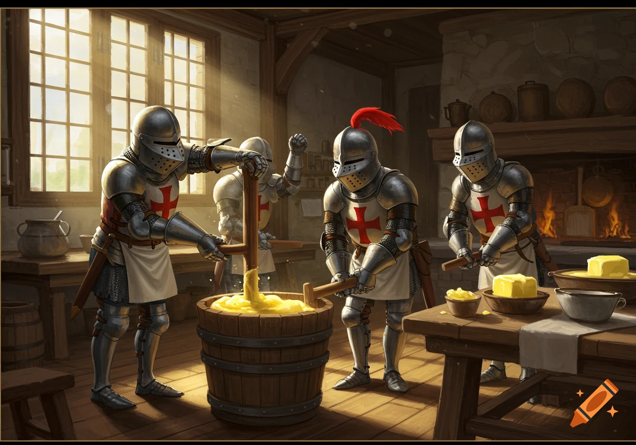 Four knights in armor and aprons churn butter in a rustic kitchen. on ...