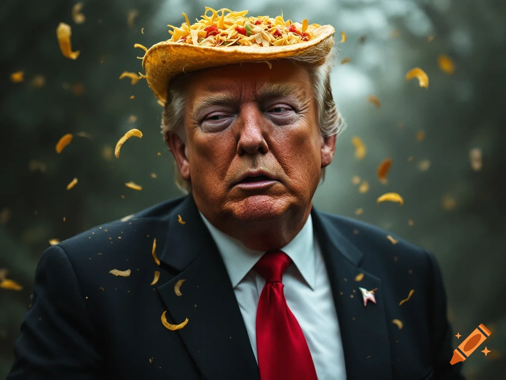 Photorealistic portrait of Donald Trump wearing a taco on his head with ...