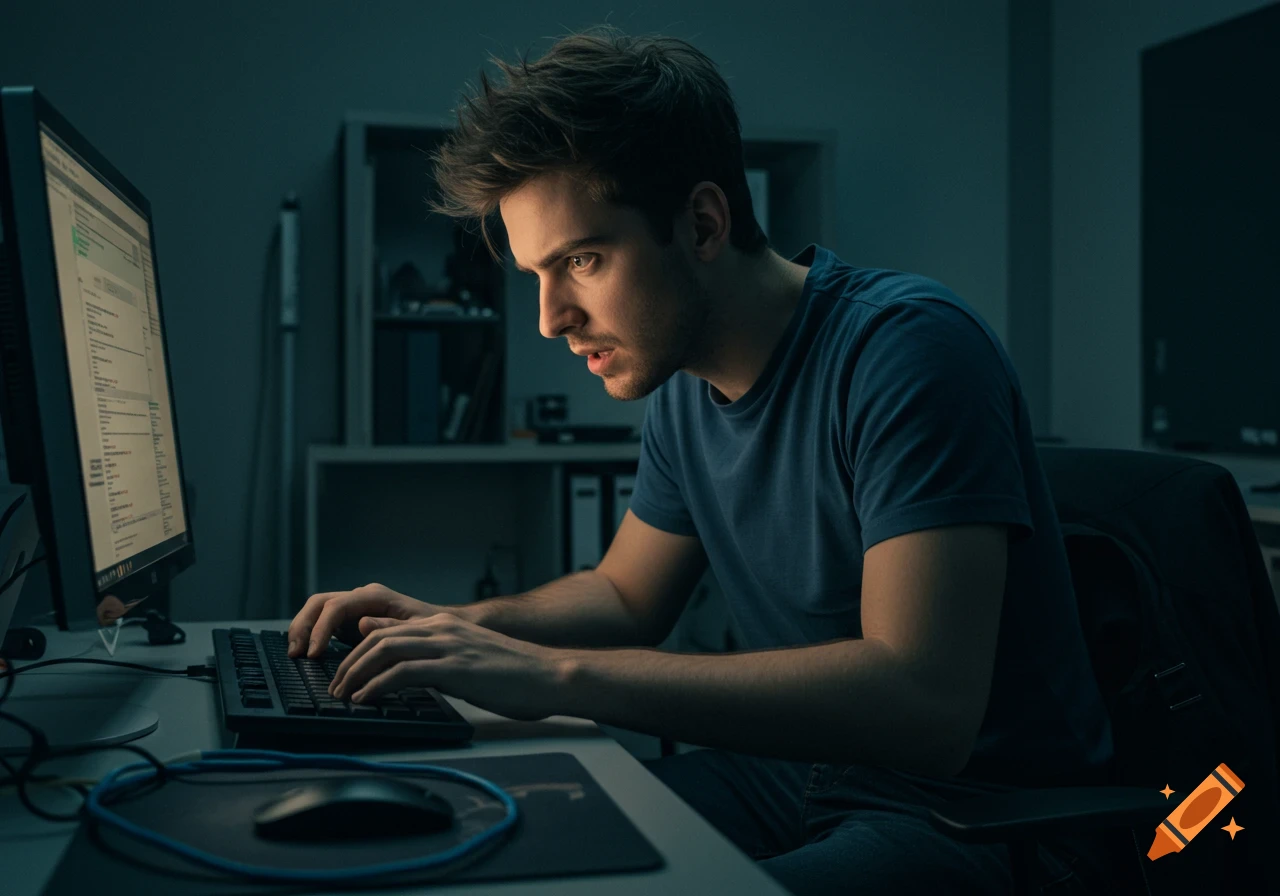 Young man typing intensely on a computer keyboard in a dark room, lit ...