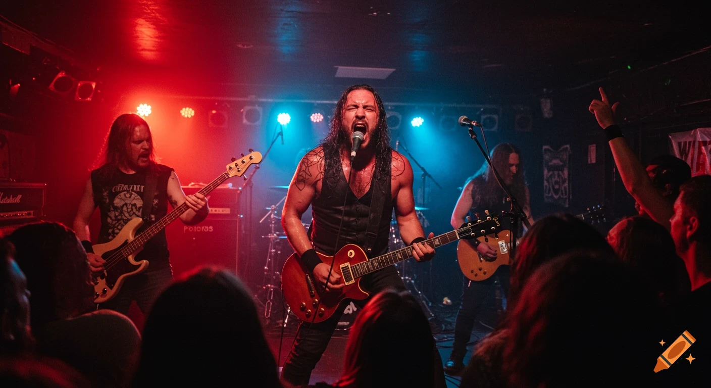 A heavy metal band performs on stage under red and blue lights. on Craiyon