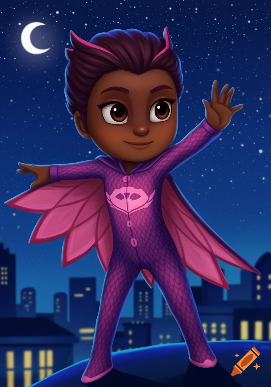 Stylized cartoon character Owlette from PJ Masks against a night sky on Craiyon