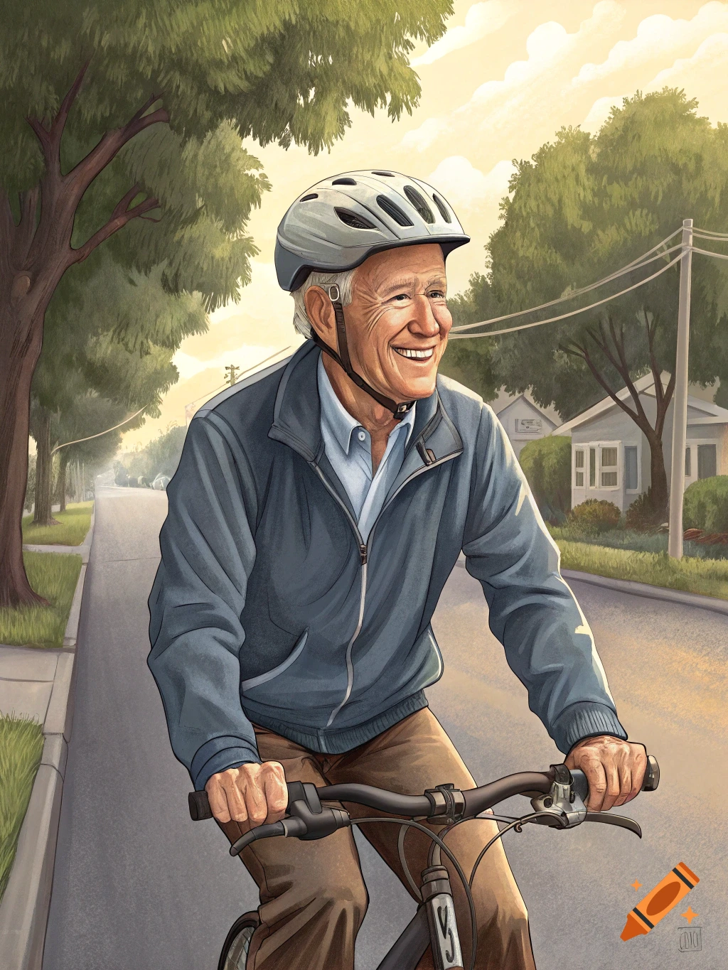 Illustration of Joe Biden smiling while riding a bicycle on a ...