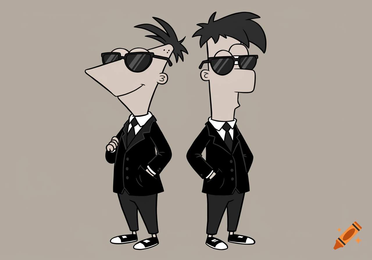 Cartoon illustration of Phineas and Ferb standing back-to-back in black ...