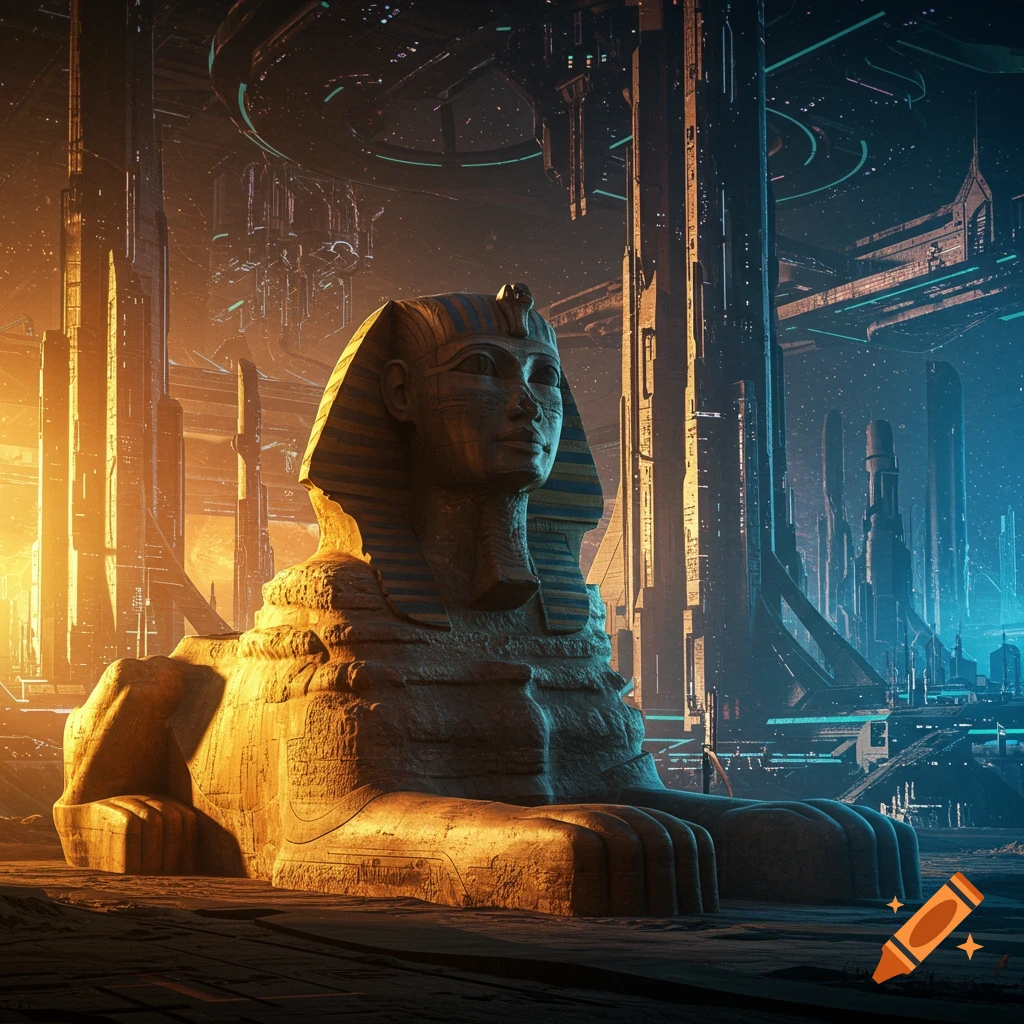 A large stone sphinx statue sits in front of a futuristic city skyline ...