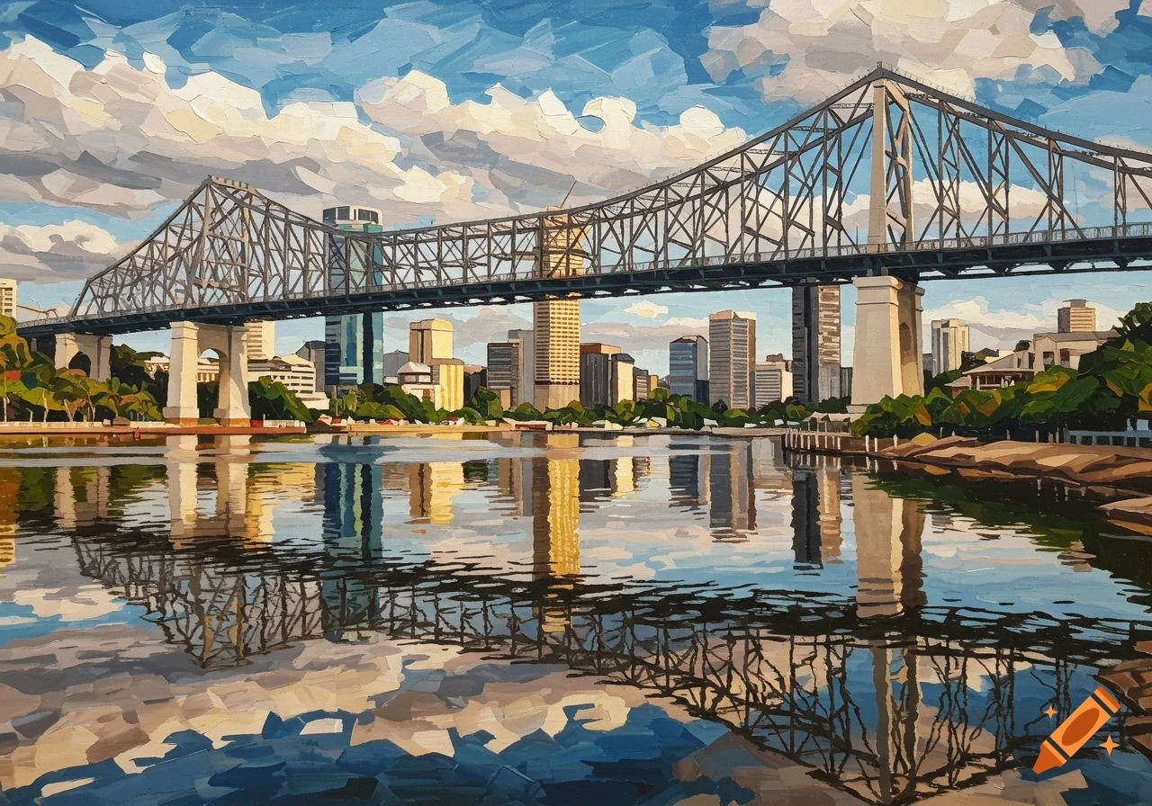 Cubist painting of a bridge over water with reflections and city ...