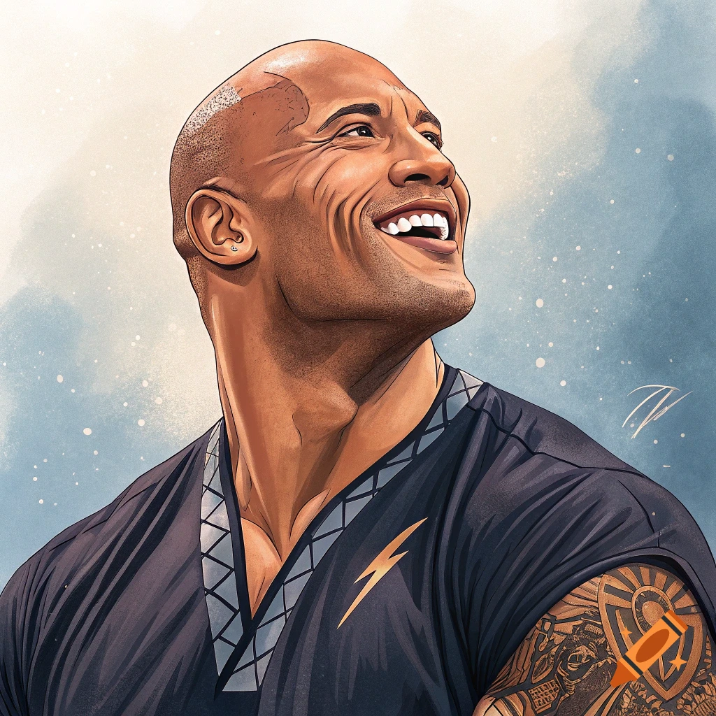 Stylized illustration of Dwayne Johnson looking up and smiling on Craiyon