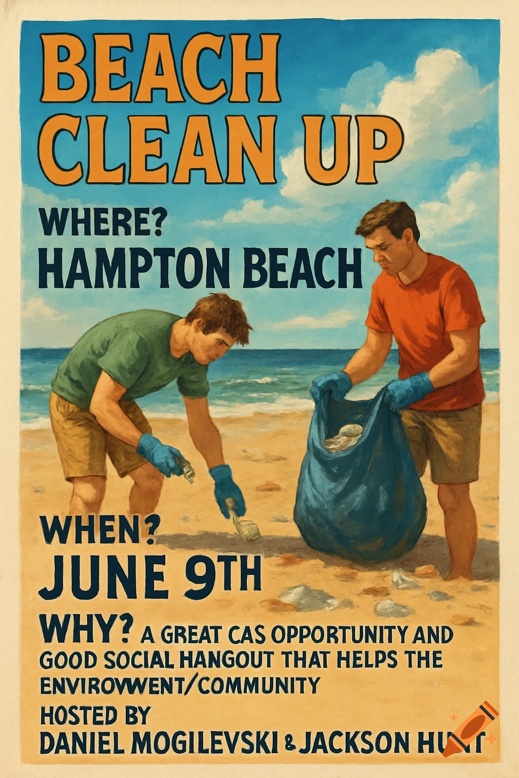 Painted poster for a beach clean up event showing two people cleaning ...