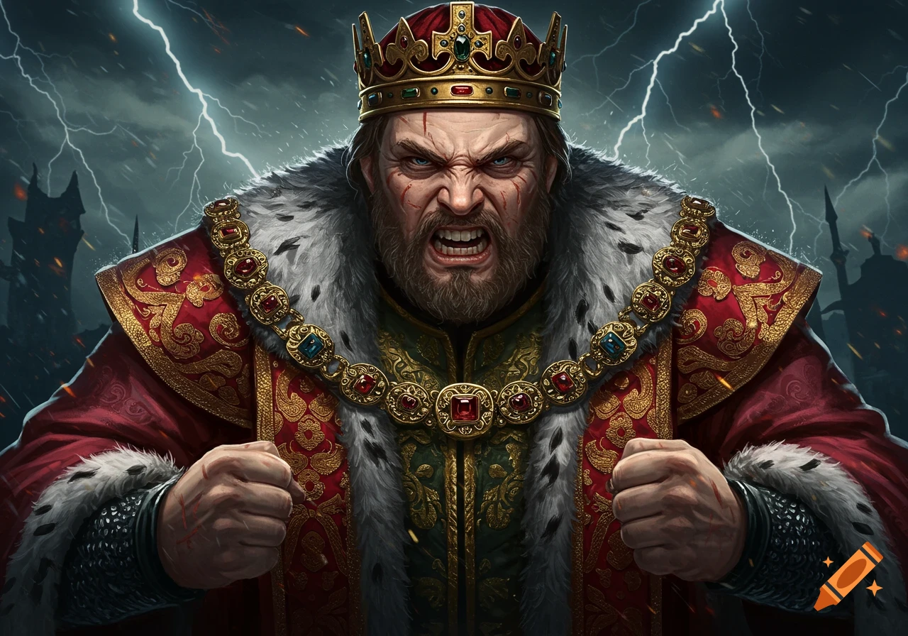 An angry king in a crown and ornate robe stares intensely as lightning ...