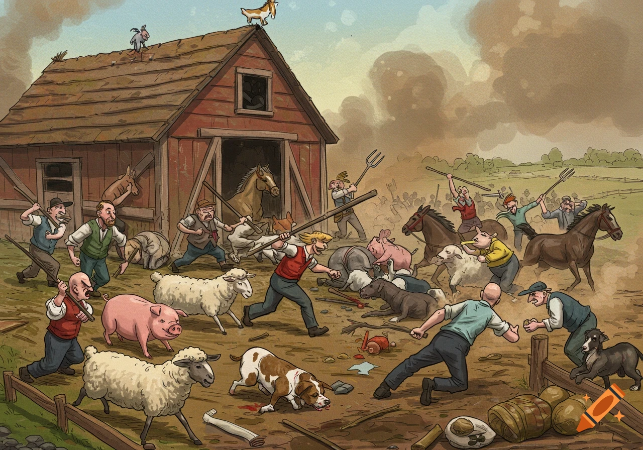 Cartoon illustration of a chaotic battle between humans and farm ...