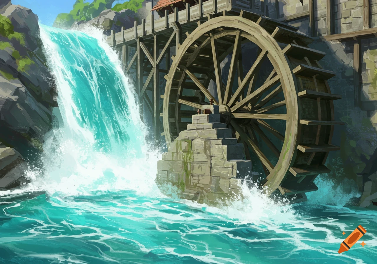 A water wheel powered by a waterfall next to a stone structure in a ...