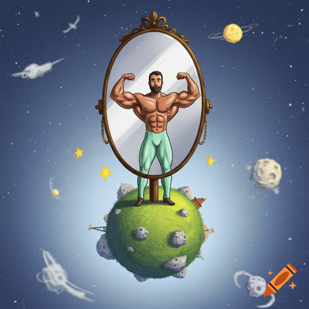 A cartoon bodybuilder flexes in a mirror on a tiny planet in space, in ...