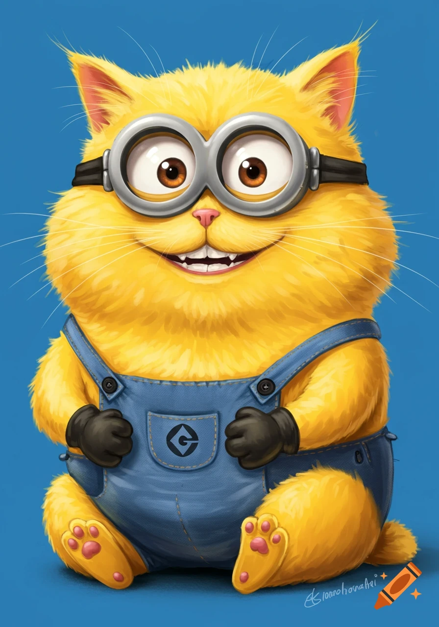 Illustration of a chubby yellow cat wearing Minion overalls and goggles ...