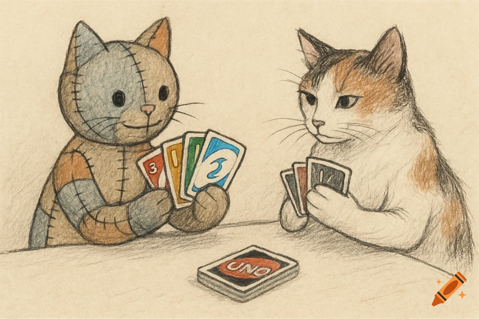 A sketch of a patchwork cat playing Uno with a calico cat. on Craiyon