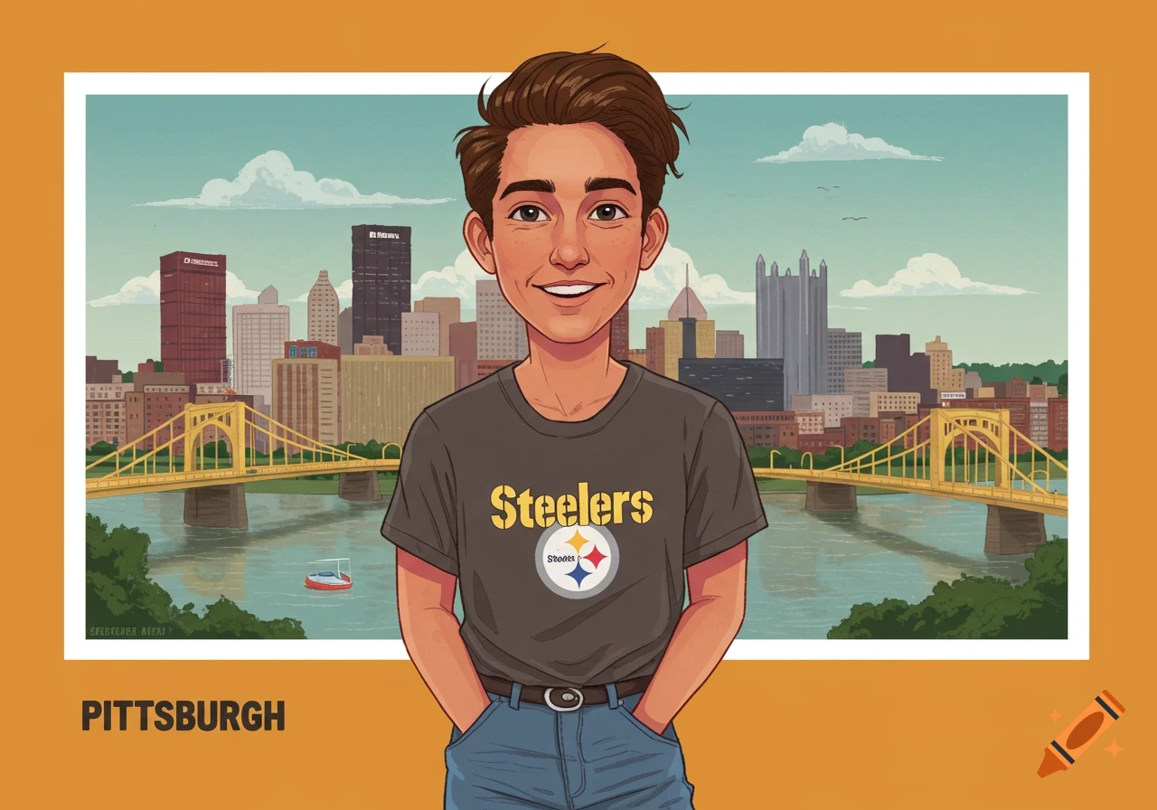 A cartoon portrait of a young person wearing a Pittsburgh Steelers t ...