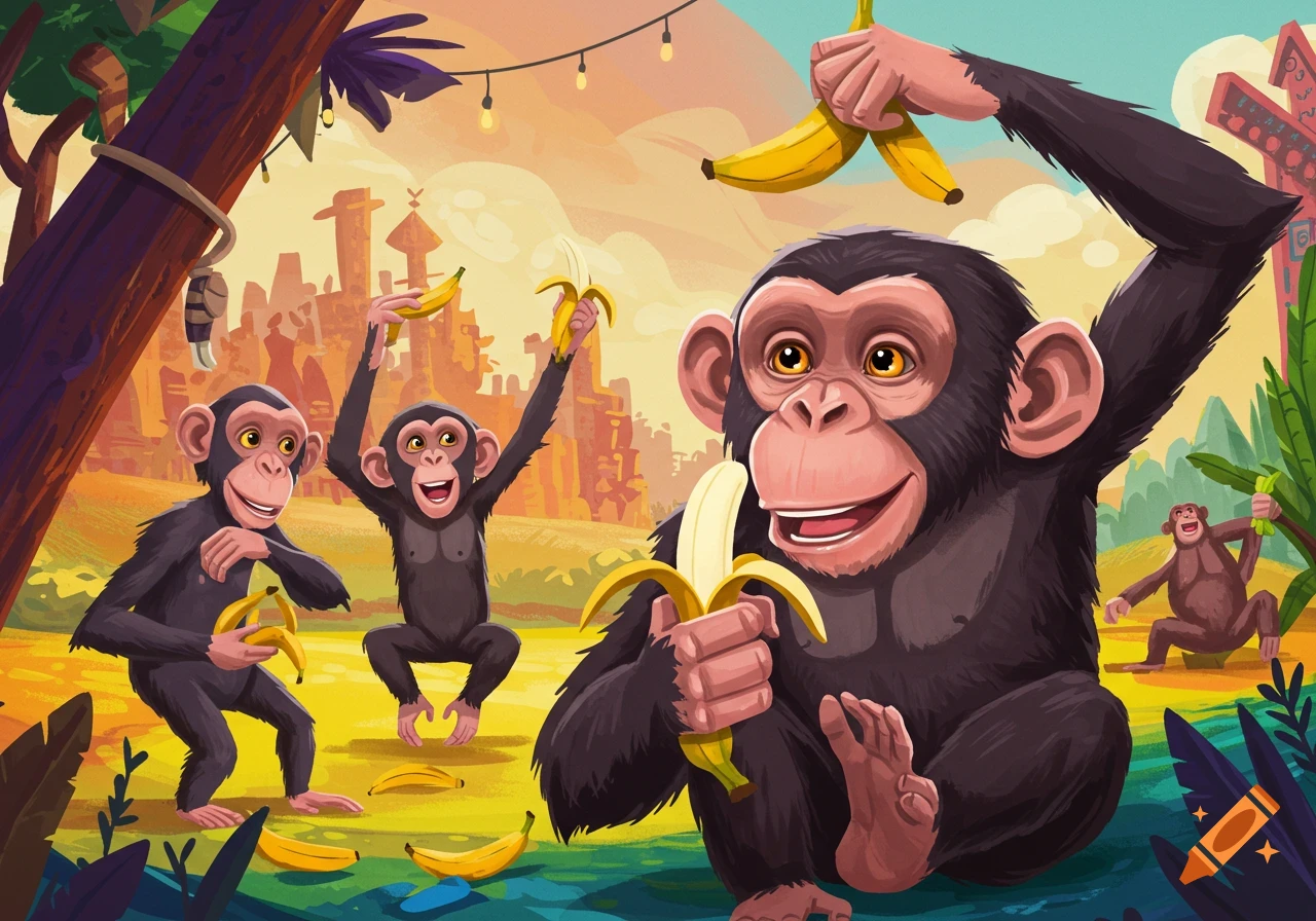 Cartoon illustration of chimpanzees eating bananas in a jungle setting ...