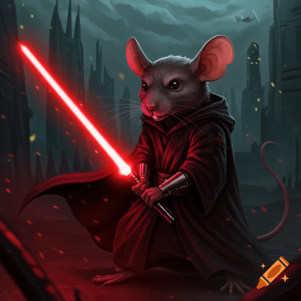 A mouse in a dark robe holds a red lightsaber in a futuristic city. on ...