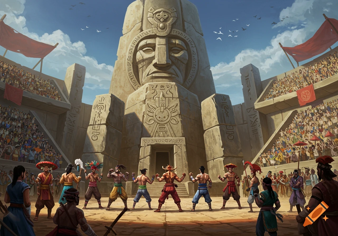 A large stone arena hosts a fighting tournament with warriors facing ...
