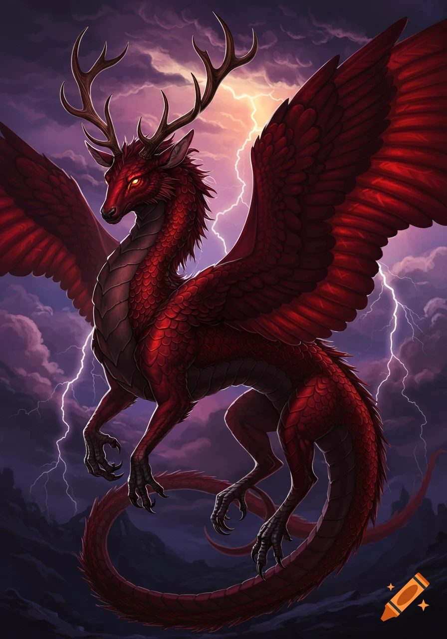 A red dragon with deer antlers stands against a stormy sky with ...