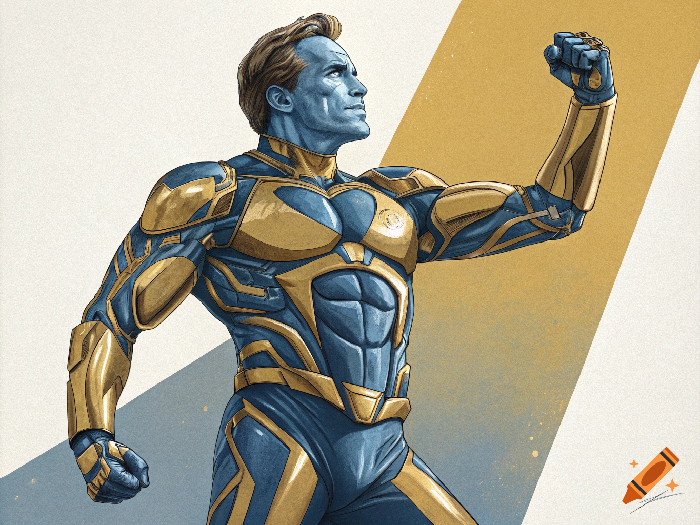Muscular man with blue skin and gold armor poses in comic book ...