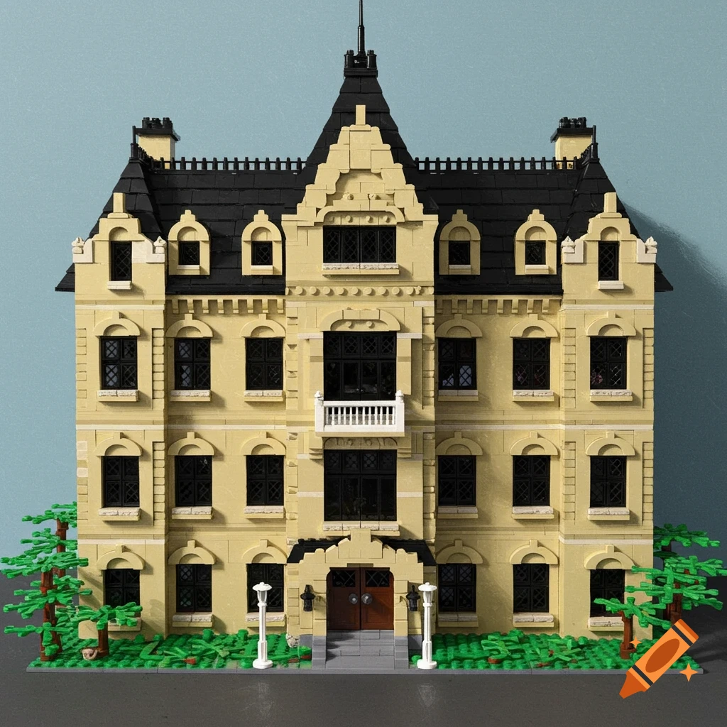 A Lego model of a large tan building with a black roof and black ...