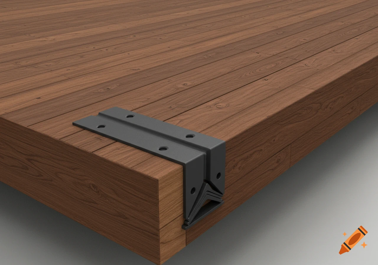Close-up view of a wooden deck corner anchored with a metal angle ...