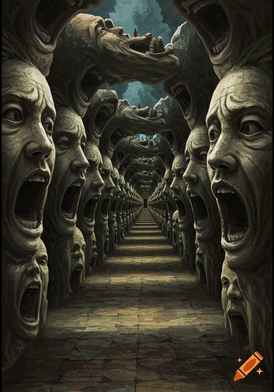 A surreal hallway made of screaming stone faces stretches into the ...