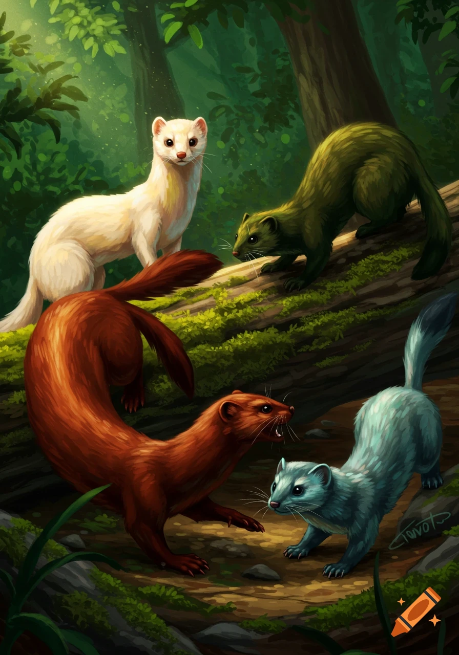 Illustration of four colorful weasels on a log in a forest. on Craiyon