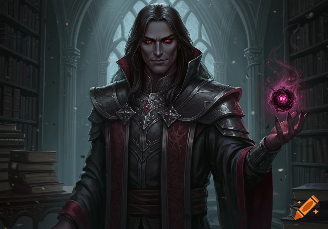 A dark fantasy illustration of a vampire wizard with glowing red eyes ...