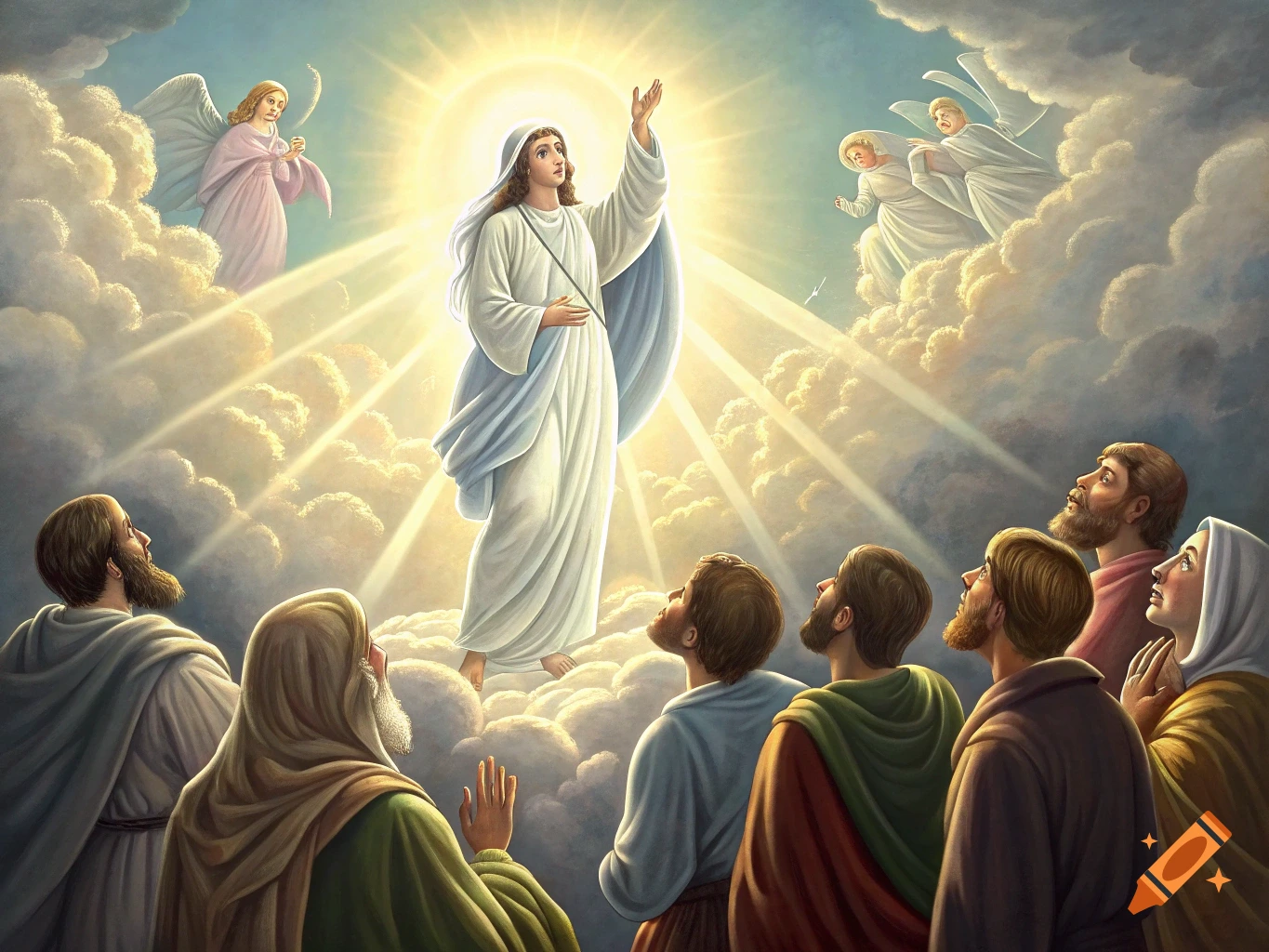 Painting of a figure ascending into heaven with angels and people below ...