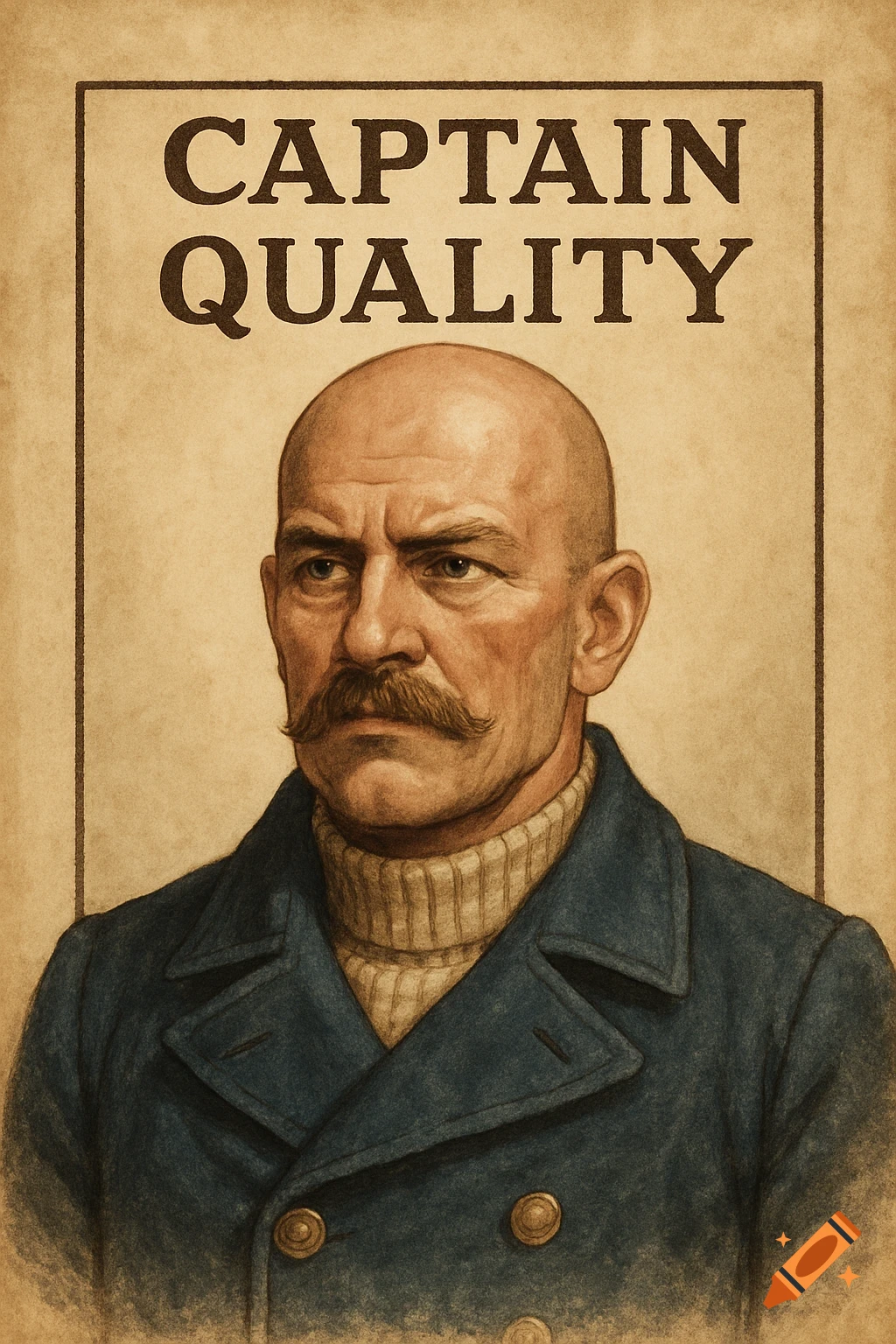 Vintage-style portrait drawing of a bald man with a mustache on a ...