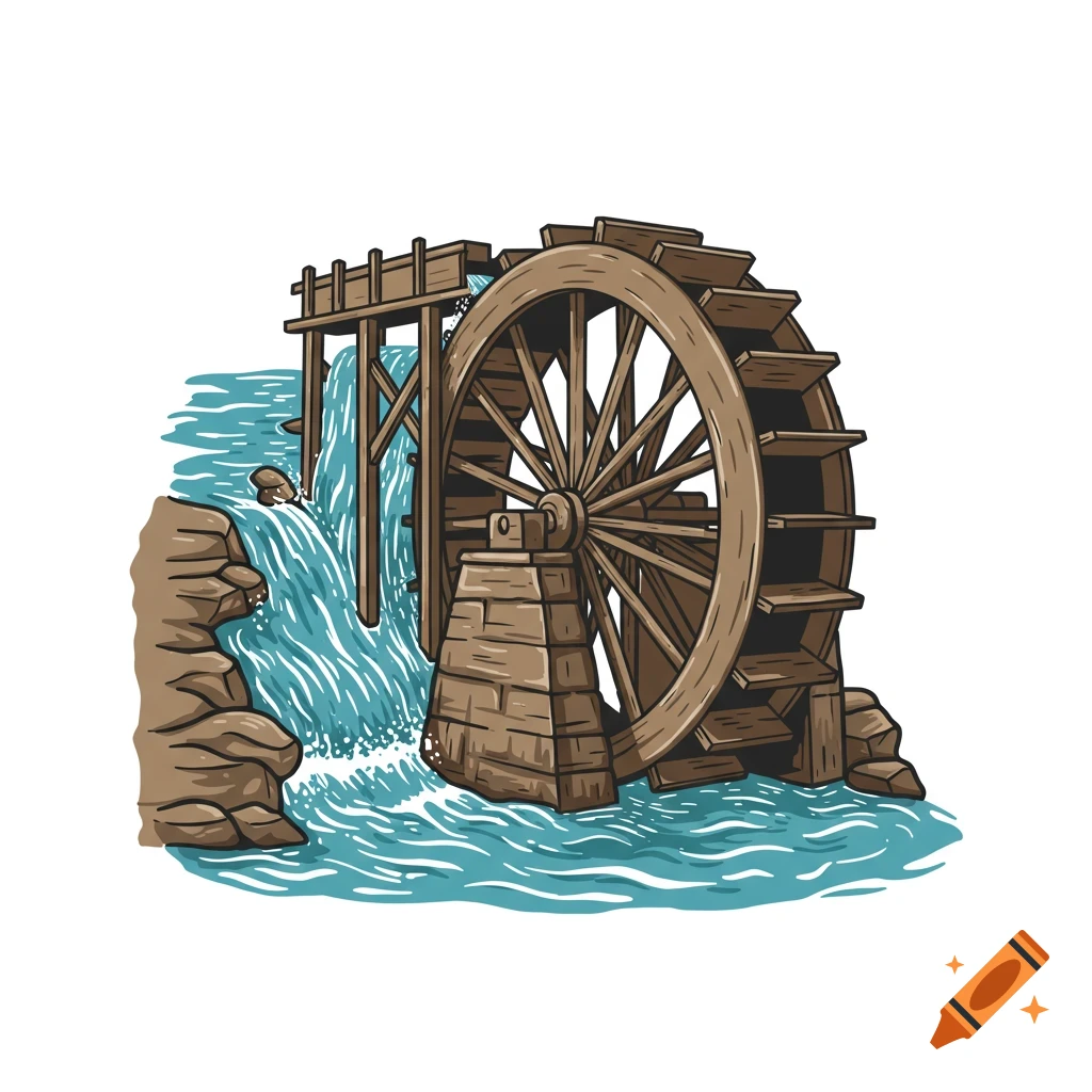 An illustration of a wooden water wheel turning in a river. on Craiyon