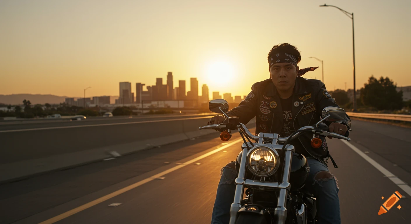 Person riding a motorcycle on a highway towards a city skyline at ...