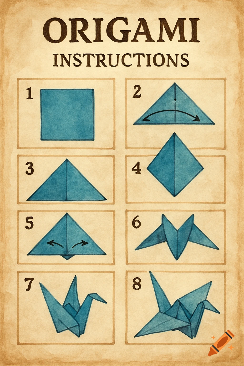 Illustrated origami instructions for folding a blue crane, showing 8 ...