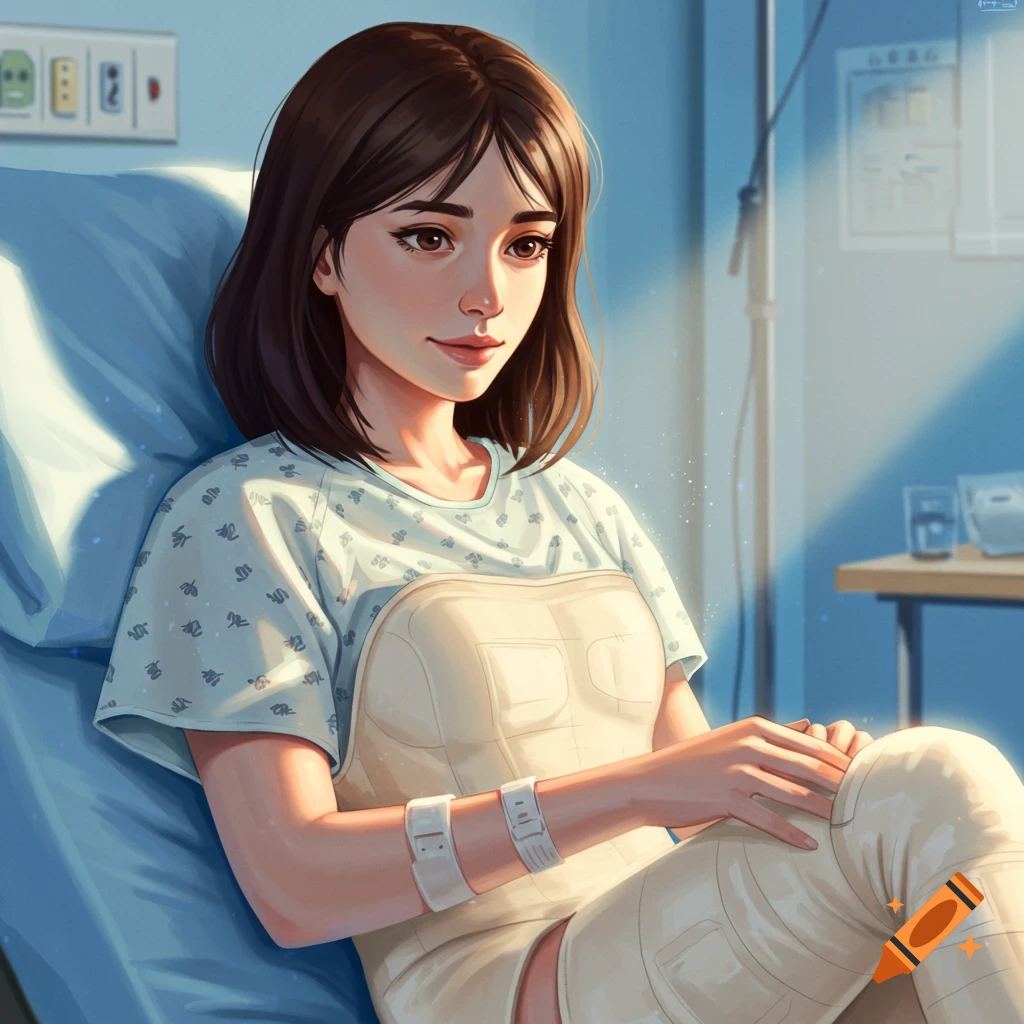 Illustration of a woman in a hospital bed wearing a chest cast and leg ...