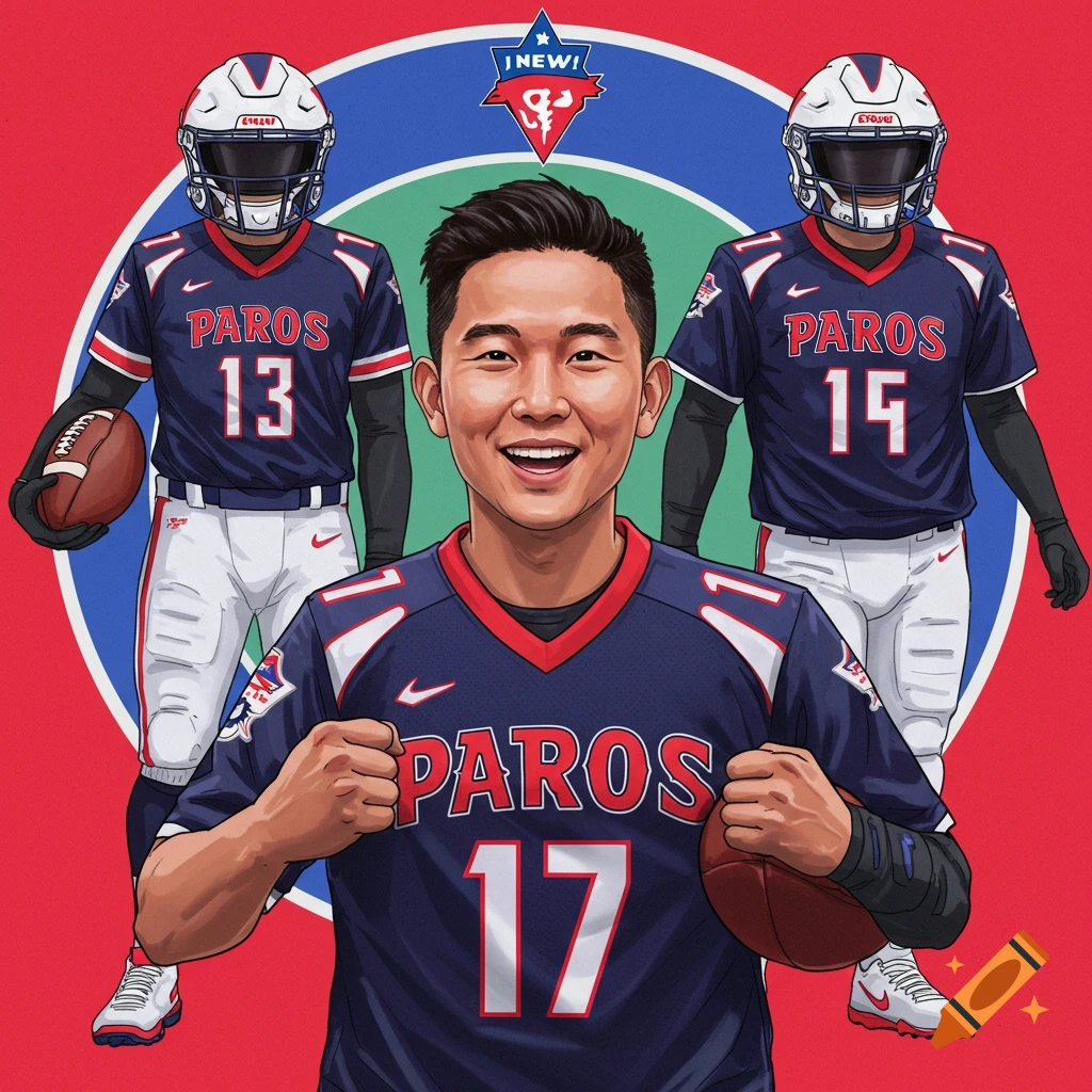 Stylized illustration of three football players in navy and red ...