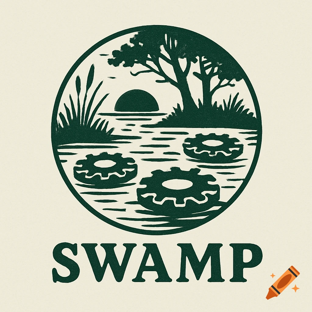 Dark green circular logo of a swamp with floating gears; the word SWAMP ...