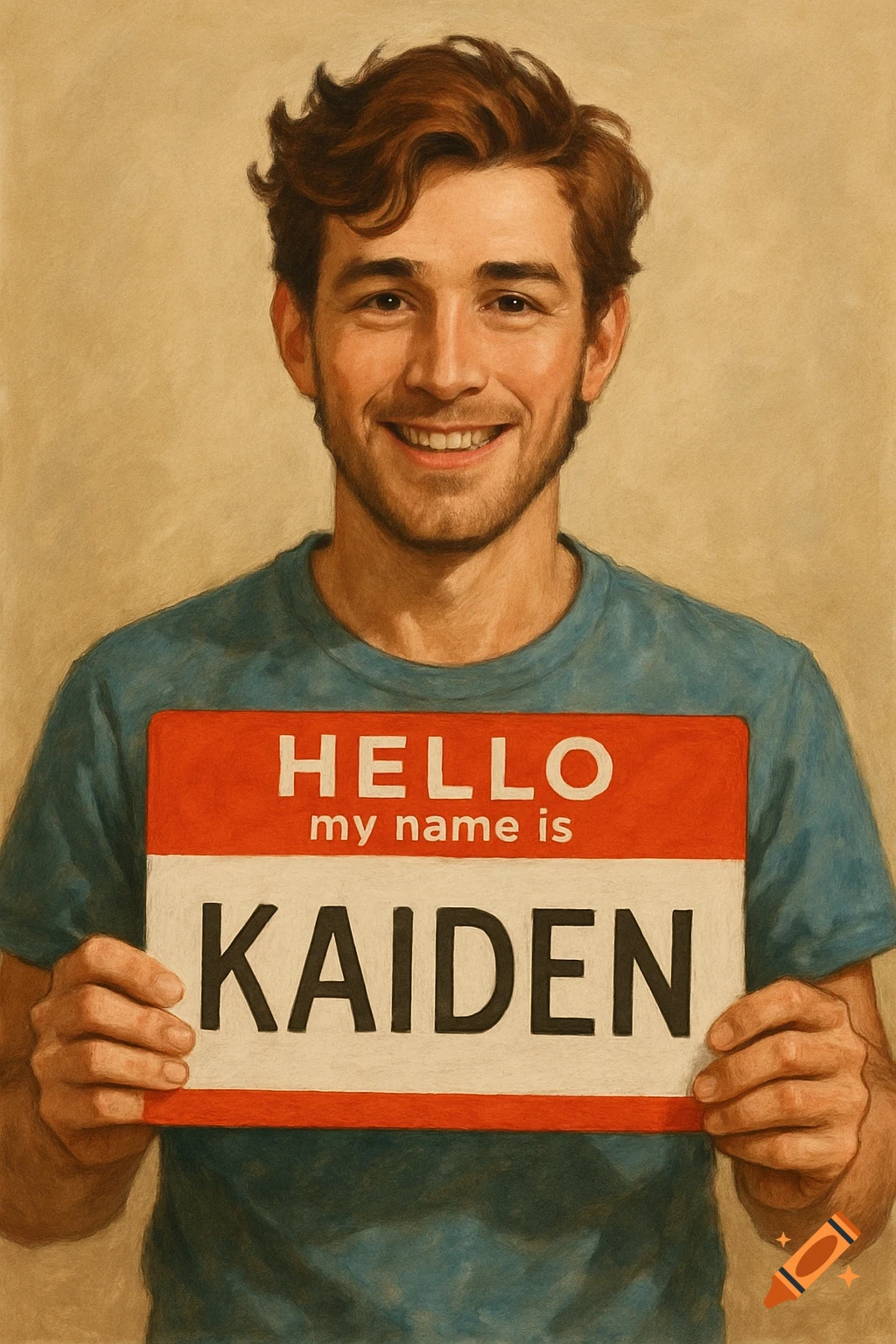 Smiling man holds a hello my name is sign with 'KAIDEN' written on it ...