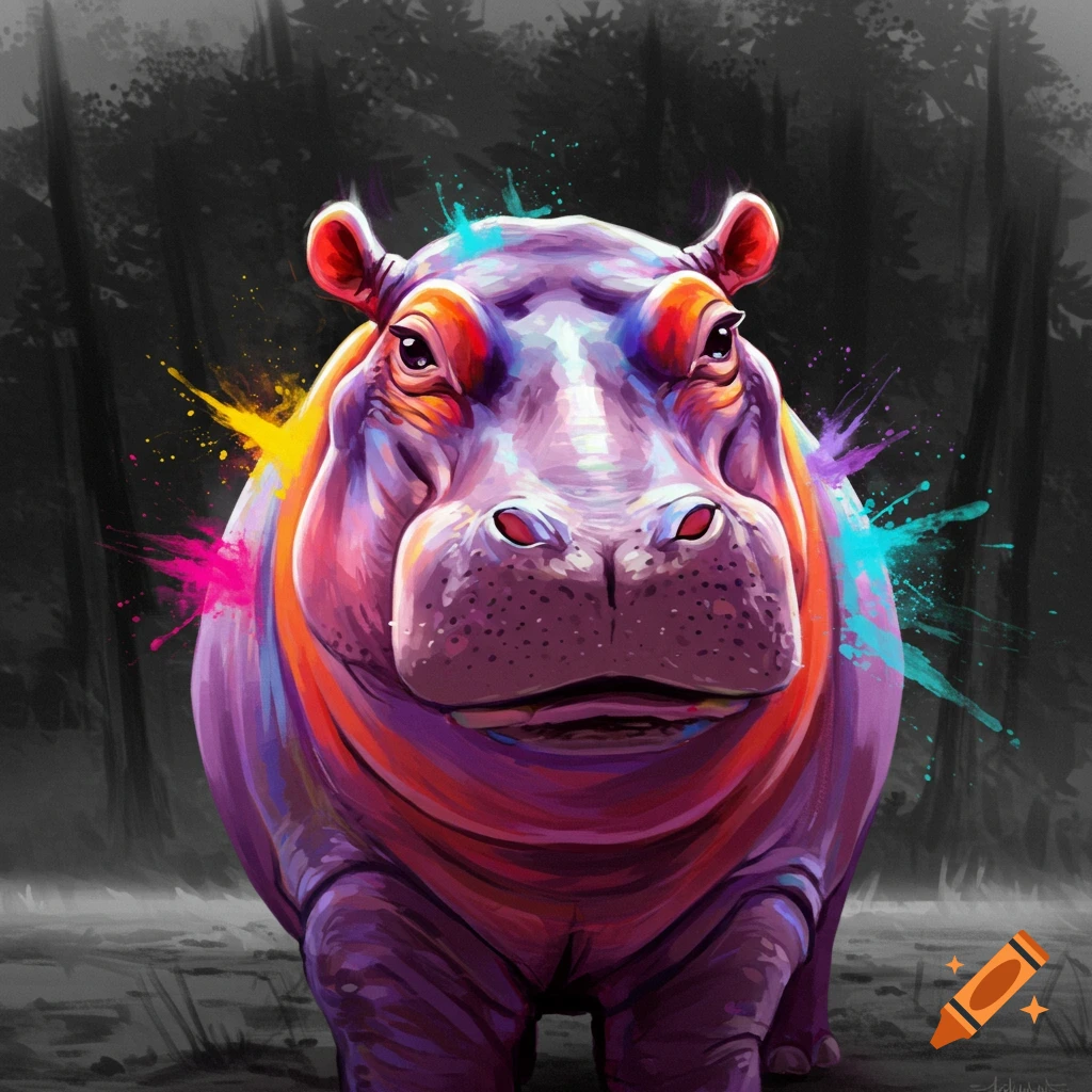 A brightly colored digital painting of a hippo with splashes of paint ...