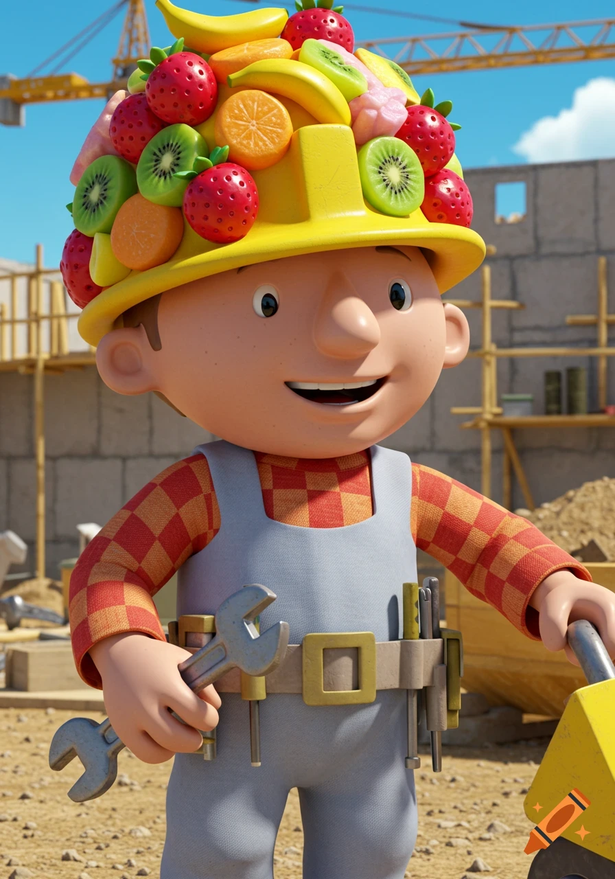 3D animated Bob the Builder wearing a hard hat covered in fruit at a ...